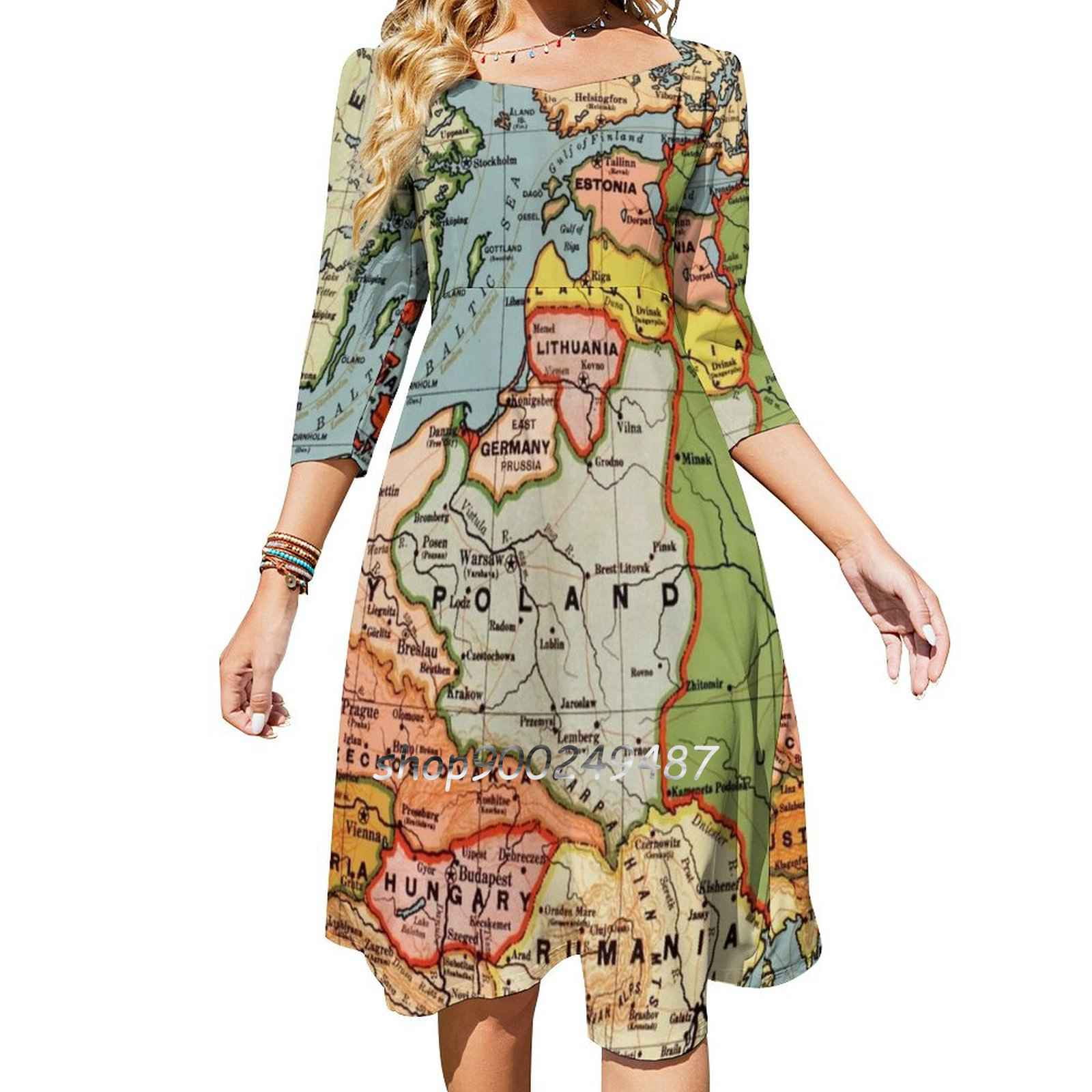 Vintage Map Of Europe Square Neck Dress New Plus Size Elegant Women ...