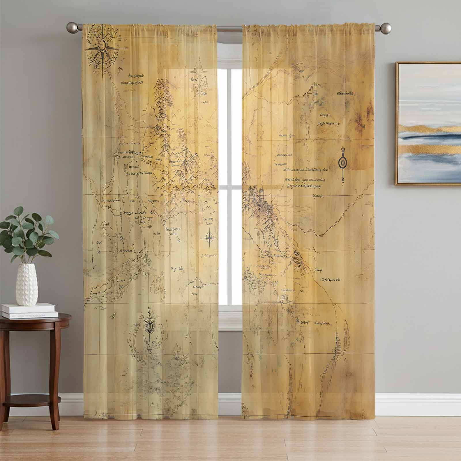Vintage Map Sheer Curtains 96 Inch Length 2 Panels Set, Middle Century ...