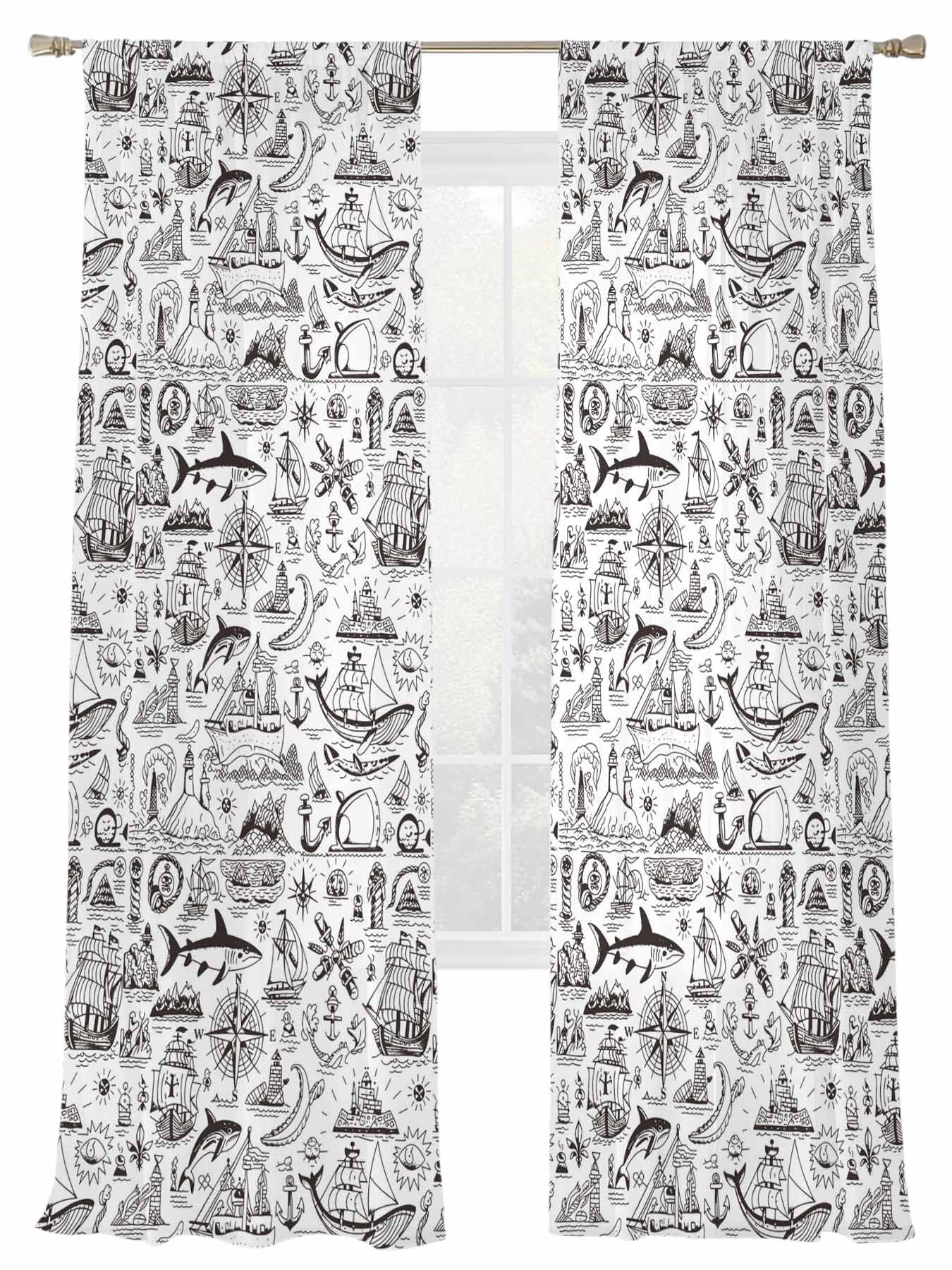 Vintage Map Sheer Curtains 96 Inch Long 2 Panels, Watercolor Navigation ...