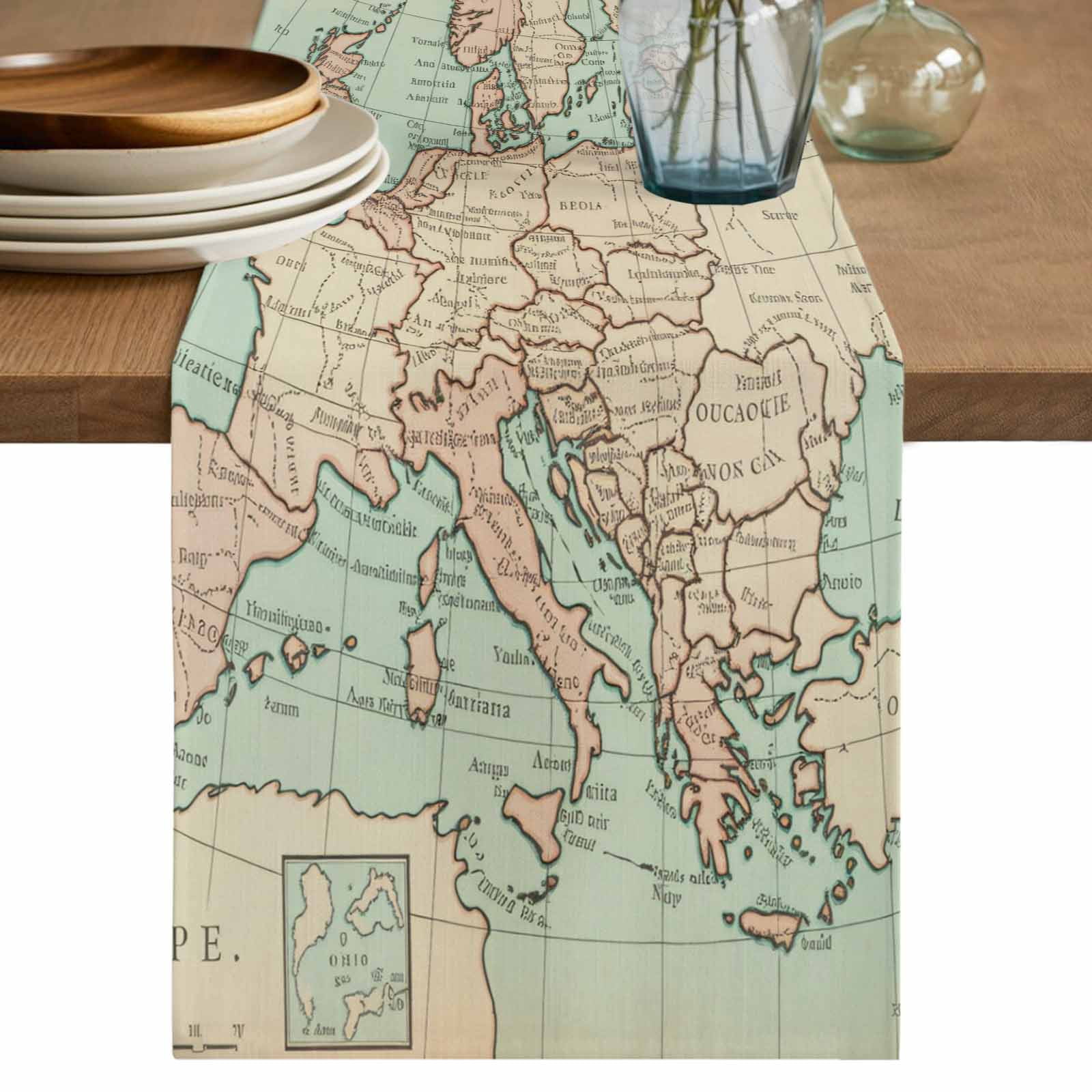 Vintage Map Table Runner 72 Inches, Western Retro Art Maps Bed Runner ...
