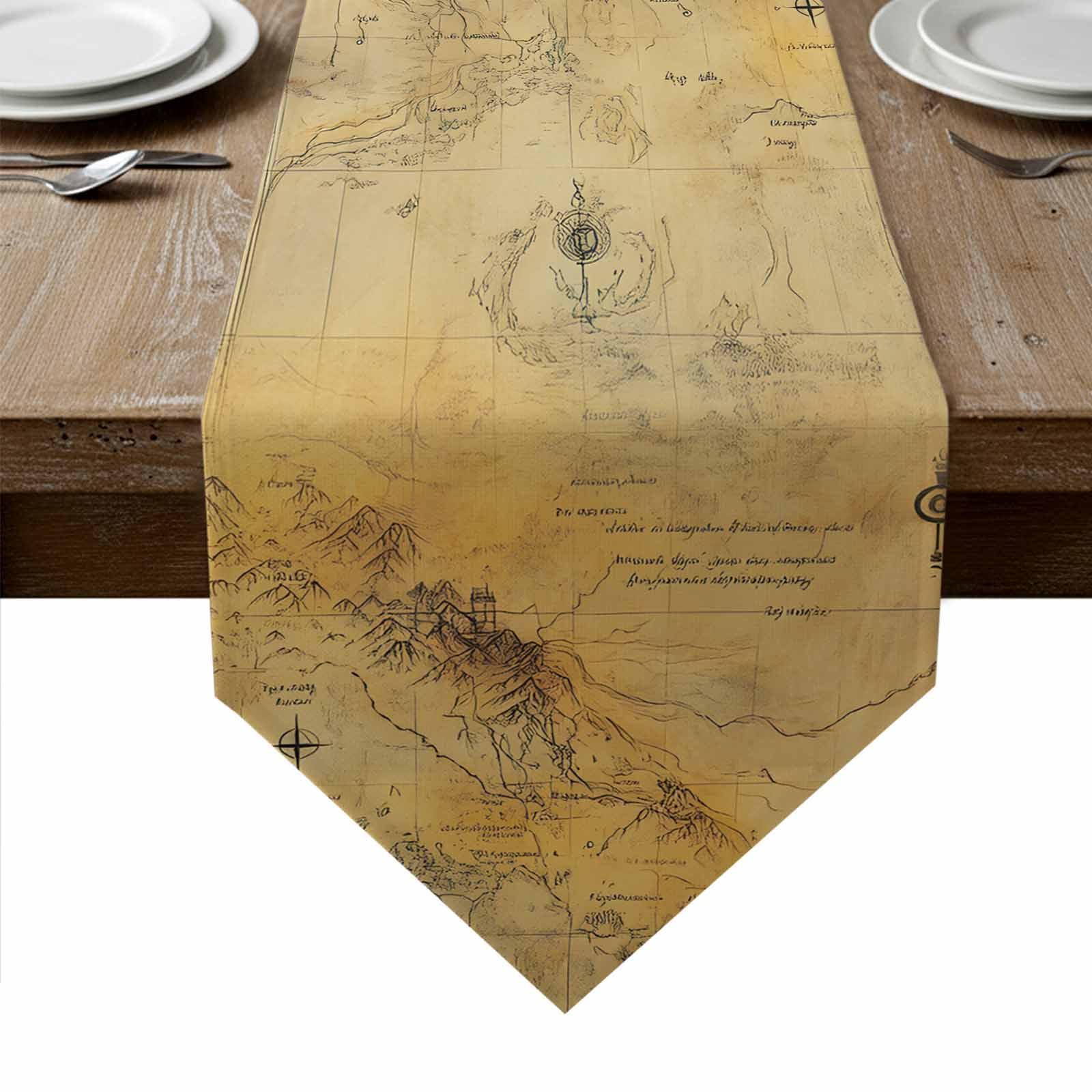 Vintage Map Table Runner Linen Burlap Table Runner 120 Inches Long ...