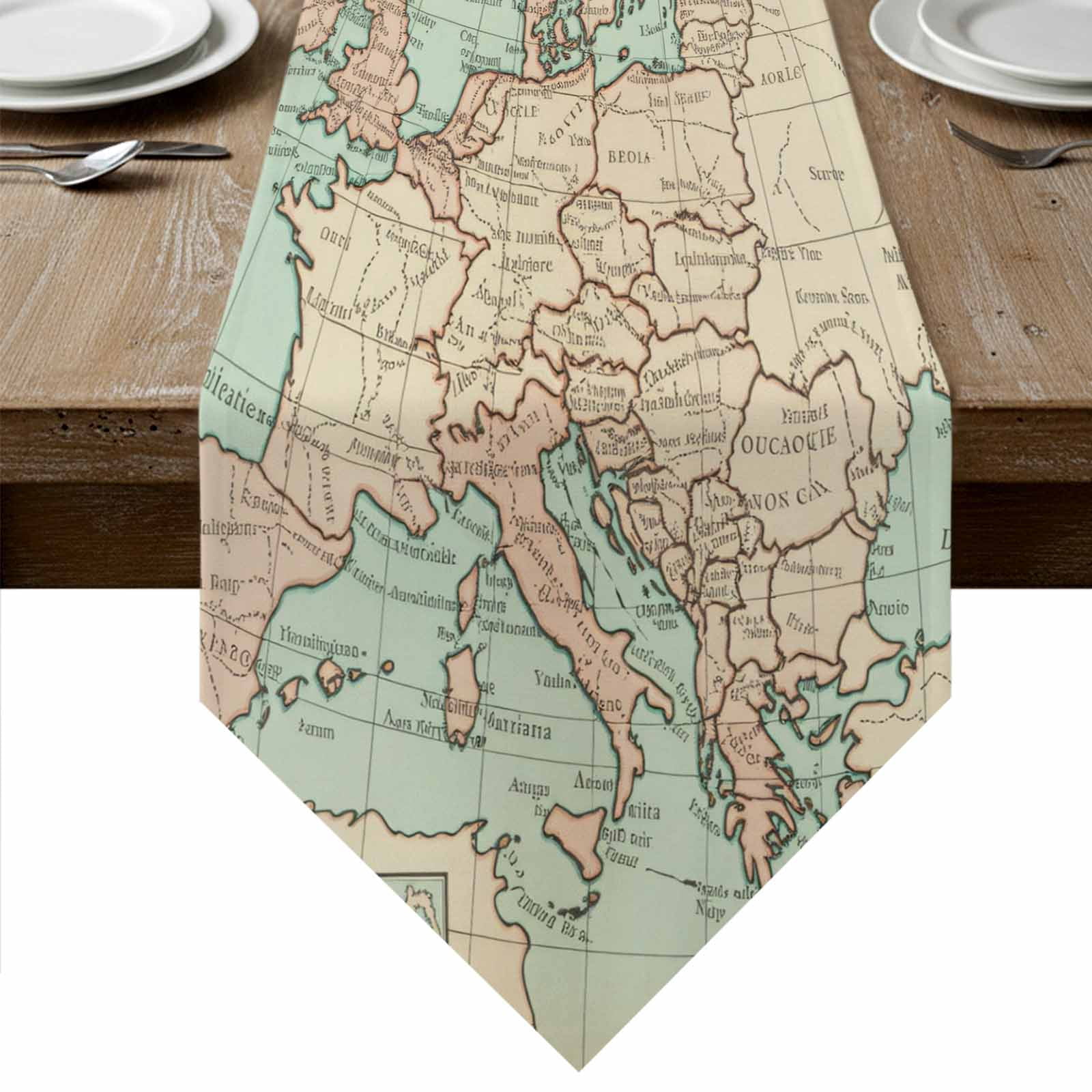 Vintage Map Table Runner Linen Burlap Table Runner 48 Inches Long ...