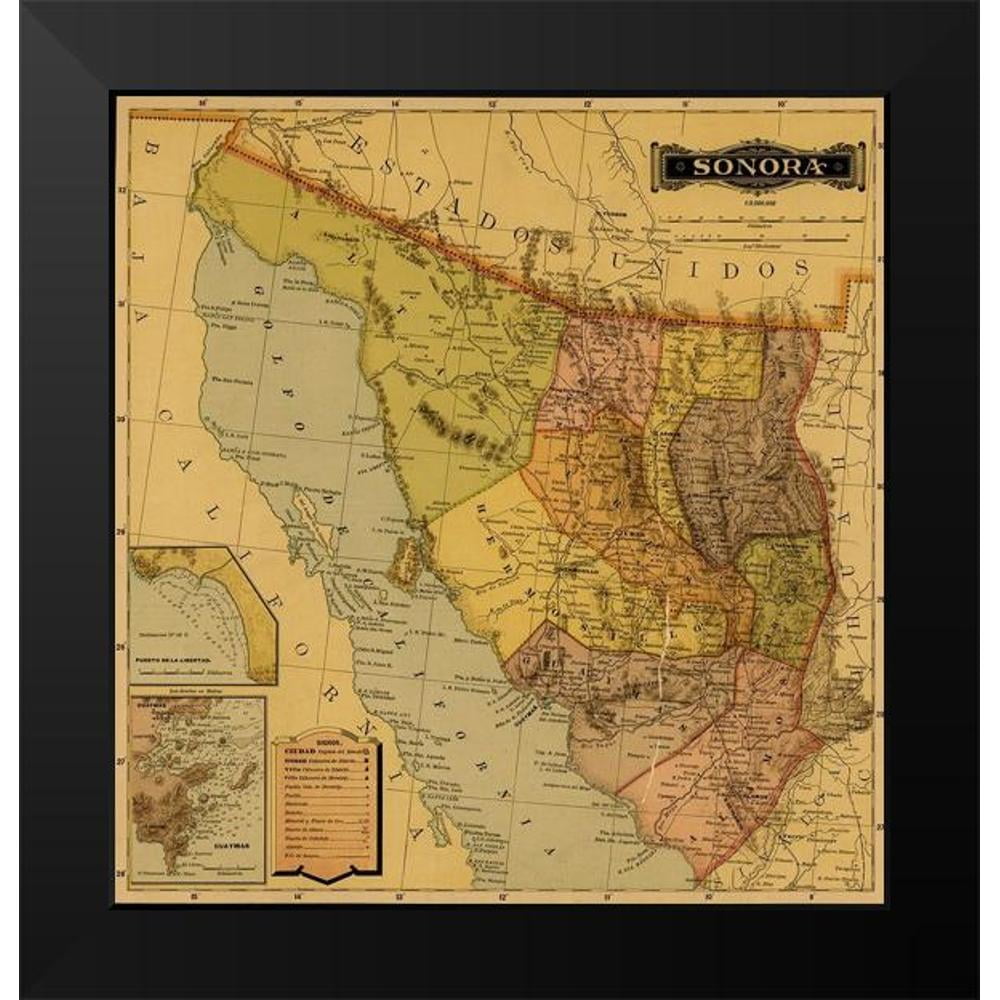 Vintage Maps 12x12 Black Modern Framed Museum Art Print Titled - Sonora ...
