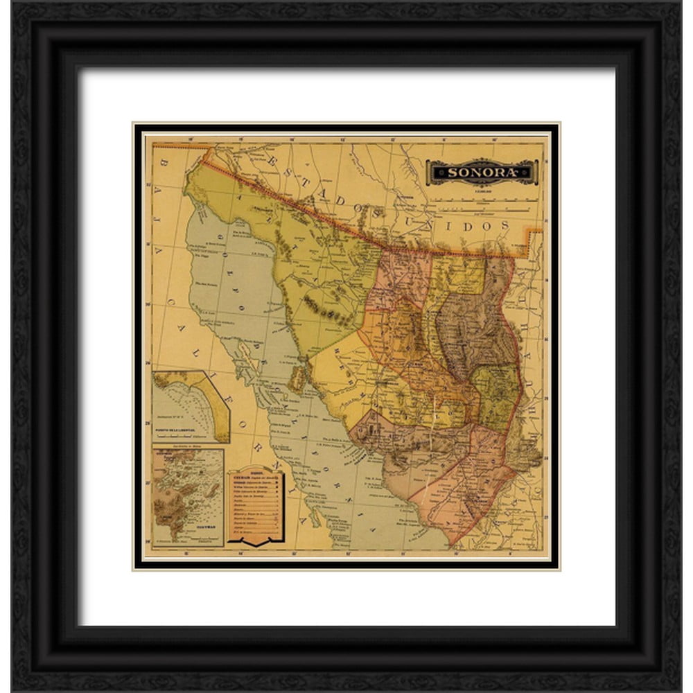 Vintage Maps 12x12 Black Ornate Wood Framed with Double Matting Museum ...