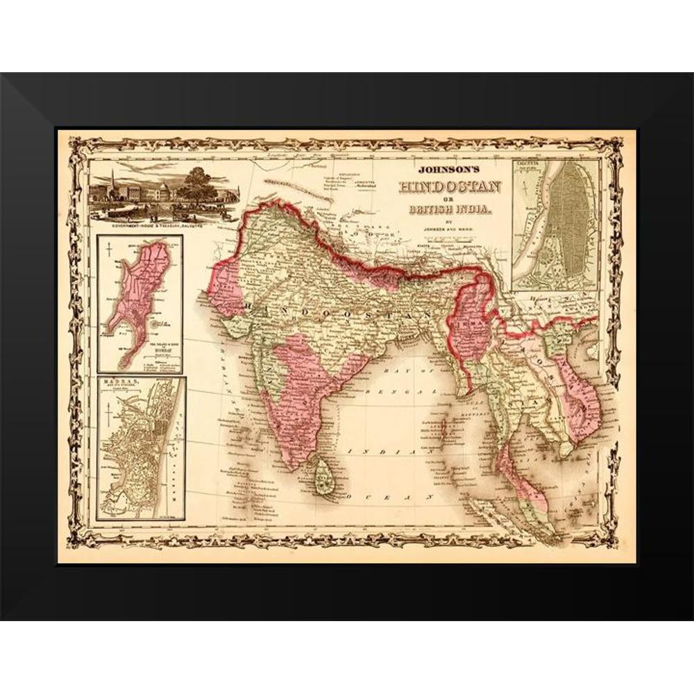 Vintage Maps 14x12 Black Modern Framed Museum Art Print Titled - India ...