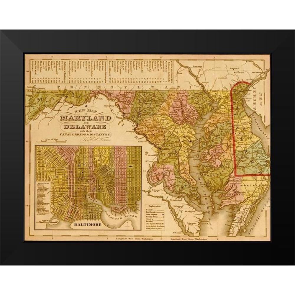 Vintage Maps 14x12 Black Modern Framed Museum Art Print Titled ...