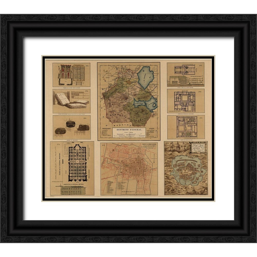 Vintage Maps 14x12 Black Ornate Wood Framed with Double Matting Museum ...