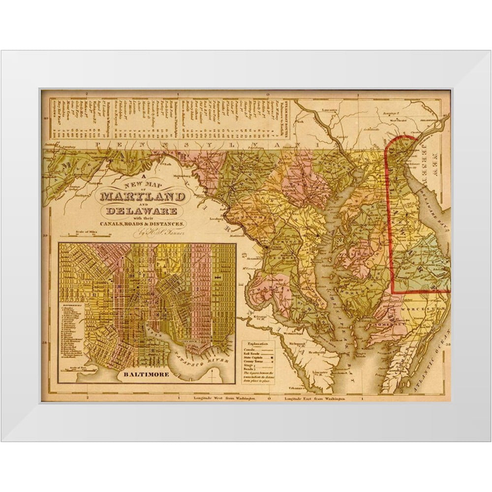 Vintage Maps 14x12 White Modern Wood Framed Museum Art Print Titled ...