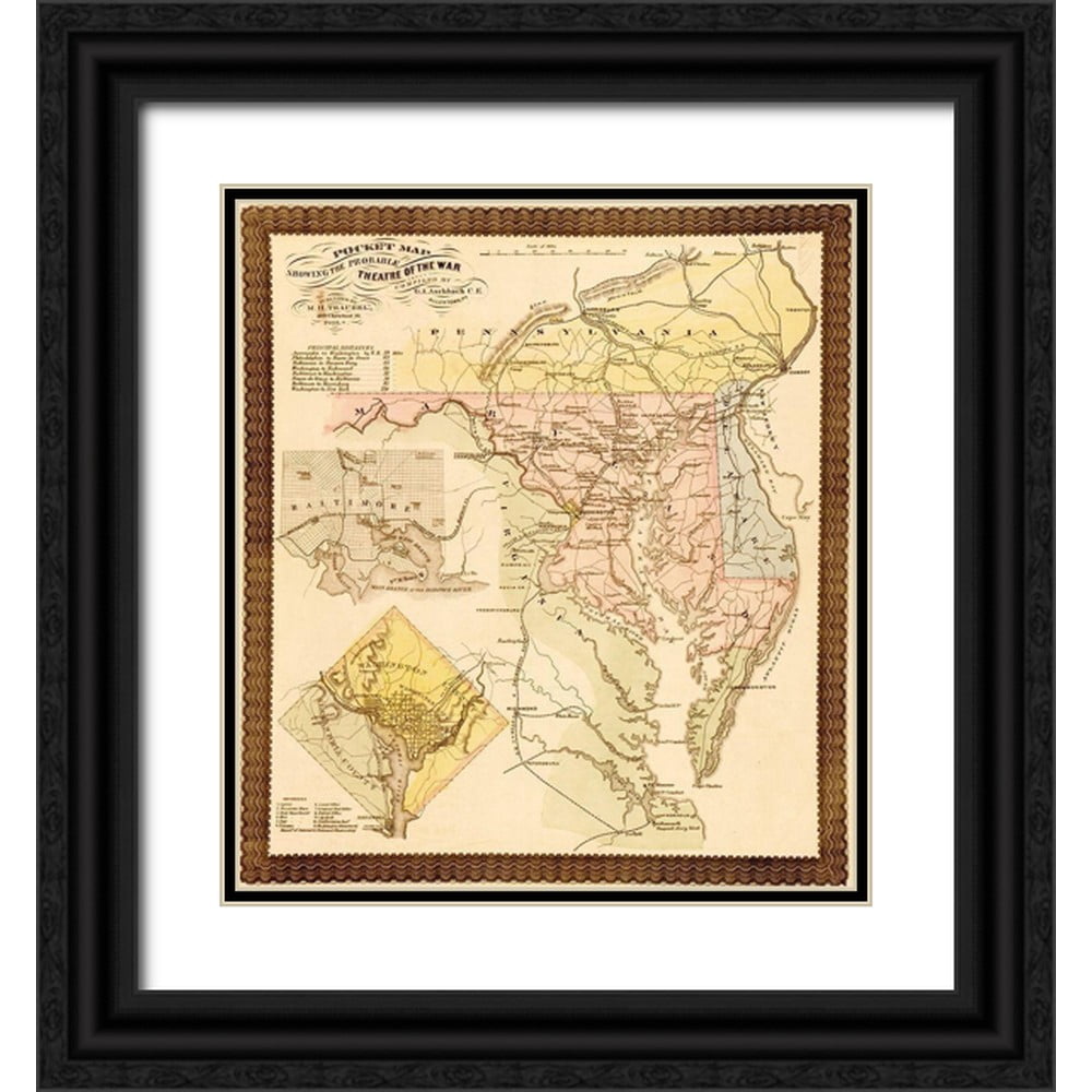 Vintage Maps 15x16 Black Ornate Wood Framed with Double Matting Museum ...