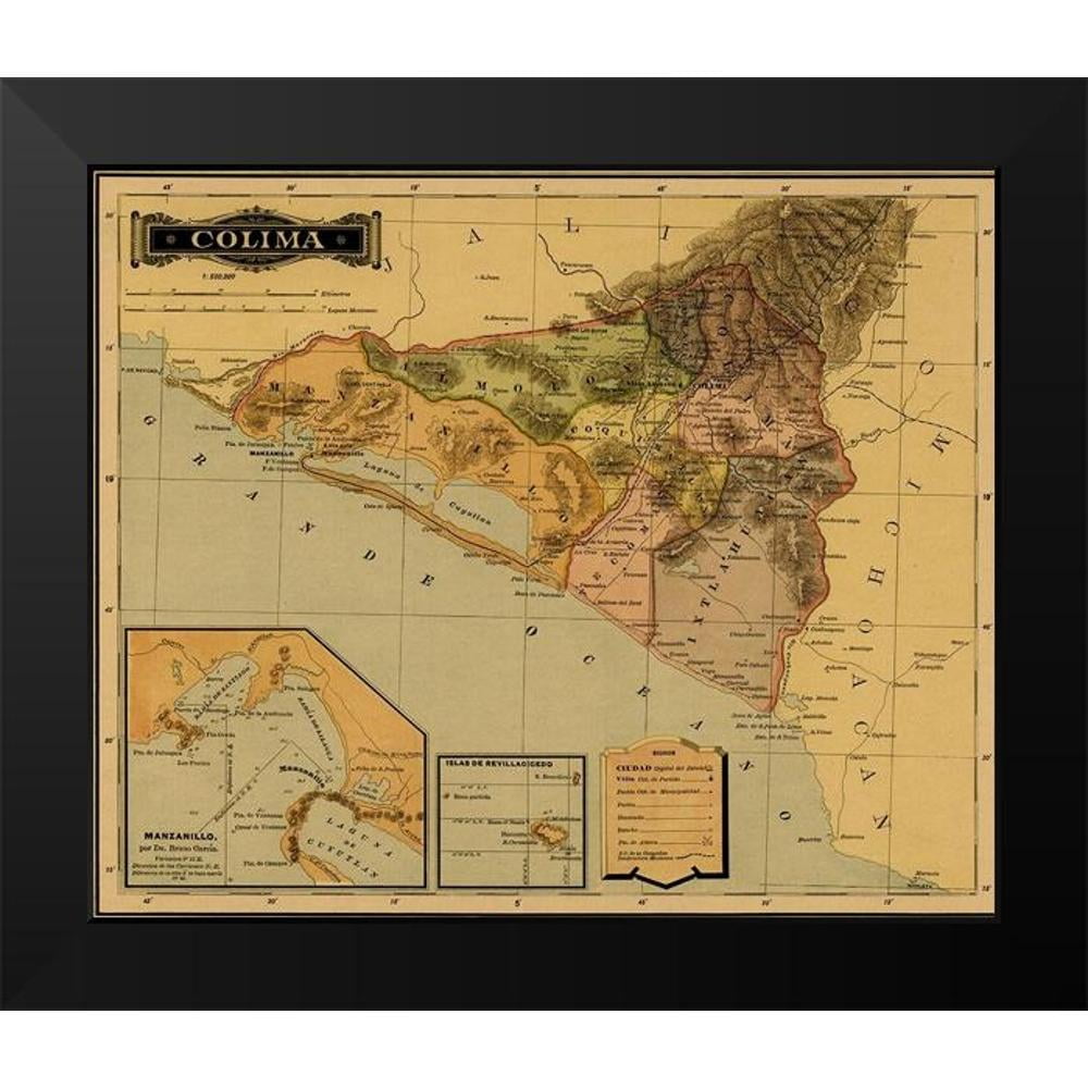 Vintage Maps 17x15 Black Modern Framed Museum Art Print Titled - Colima ...