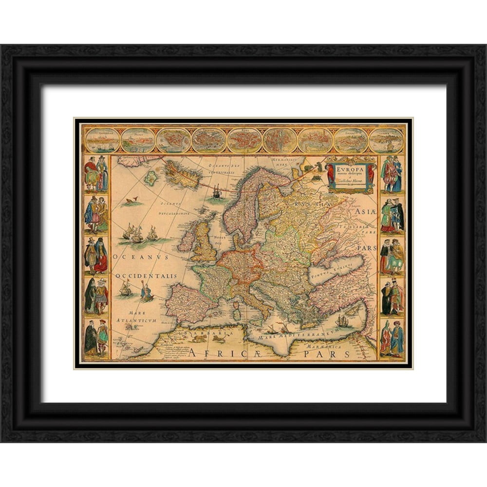 Vintage Maps 18x14 Black Ornate Wood Framed with Double Matting Museum ...