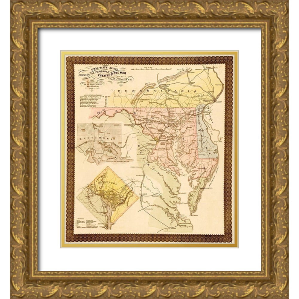 Vintage Maps 20x22 Gold Ornate Wood Framed with Double Matting Museum ...