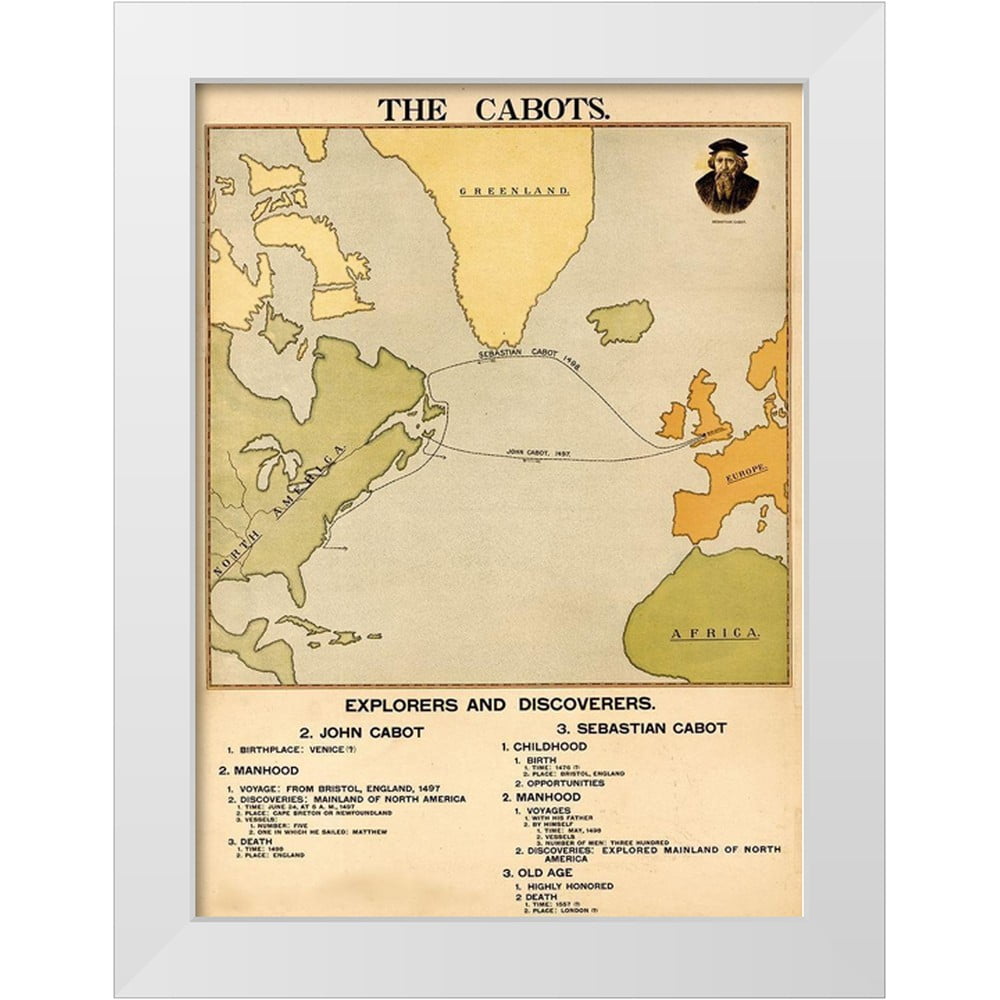 Vintage Maps 24x32 White Modern Wood Framed Museum Art Print Titled - The Voyages of John and ...