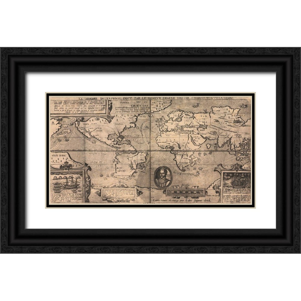 Vintage Maps 32x19 Black Ornate Wood Framed with Double Matting Museum ...