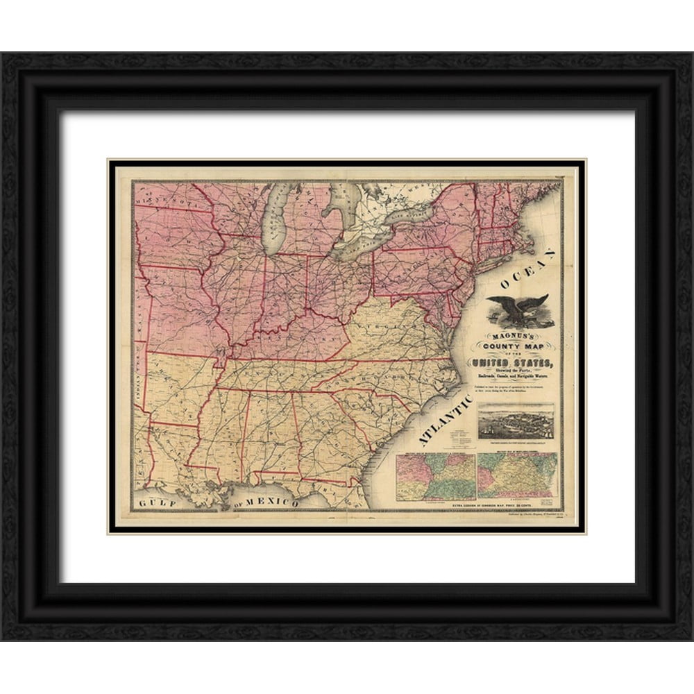 Vintage Maps 32x26 Black Ornate Wood Framed with Double Matting Museum ...
