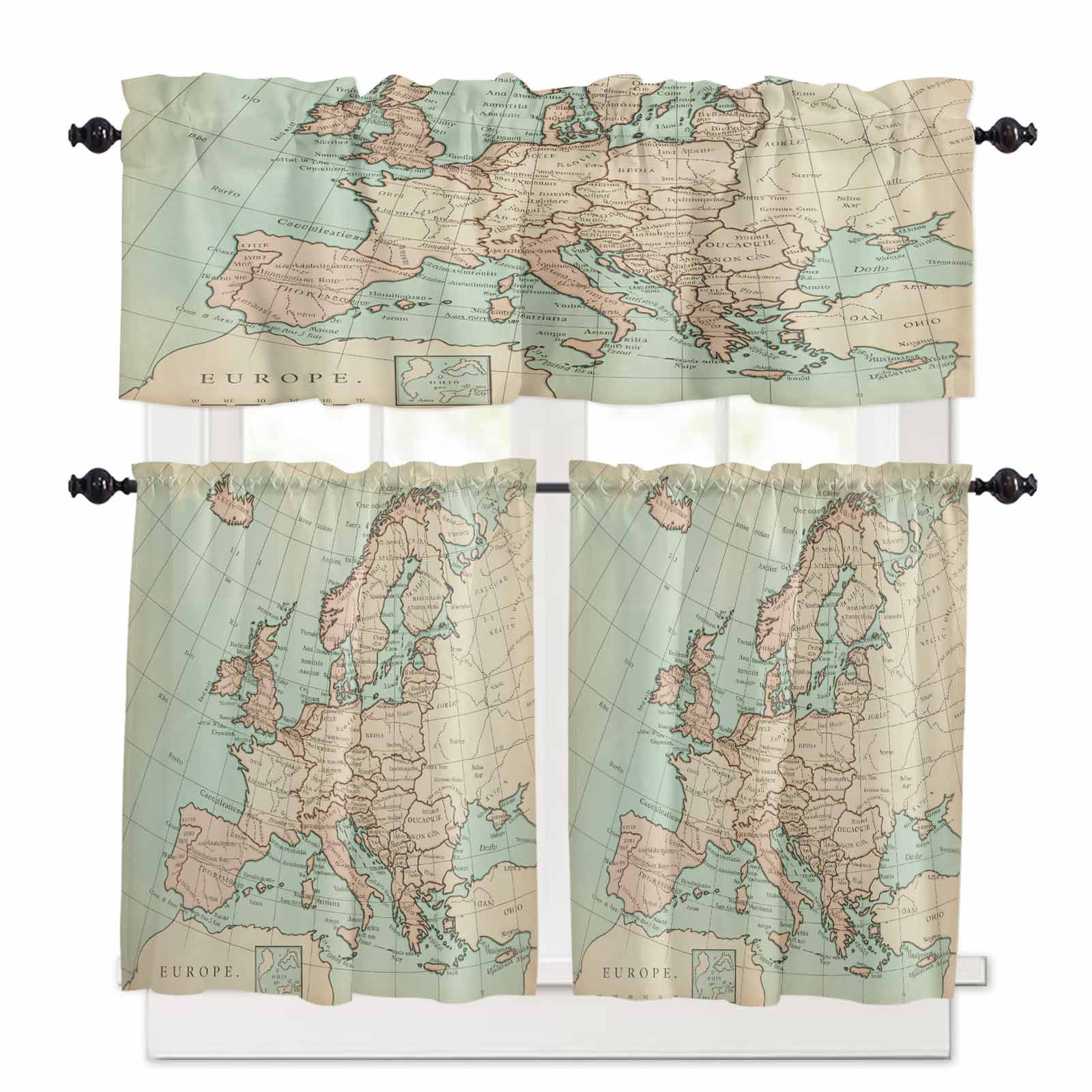 Vintage Maps Window Curtains Valance Set of 3 Oceans Lands Europe ...