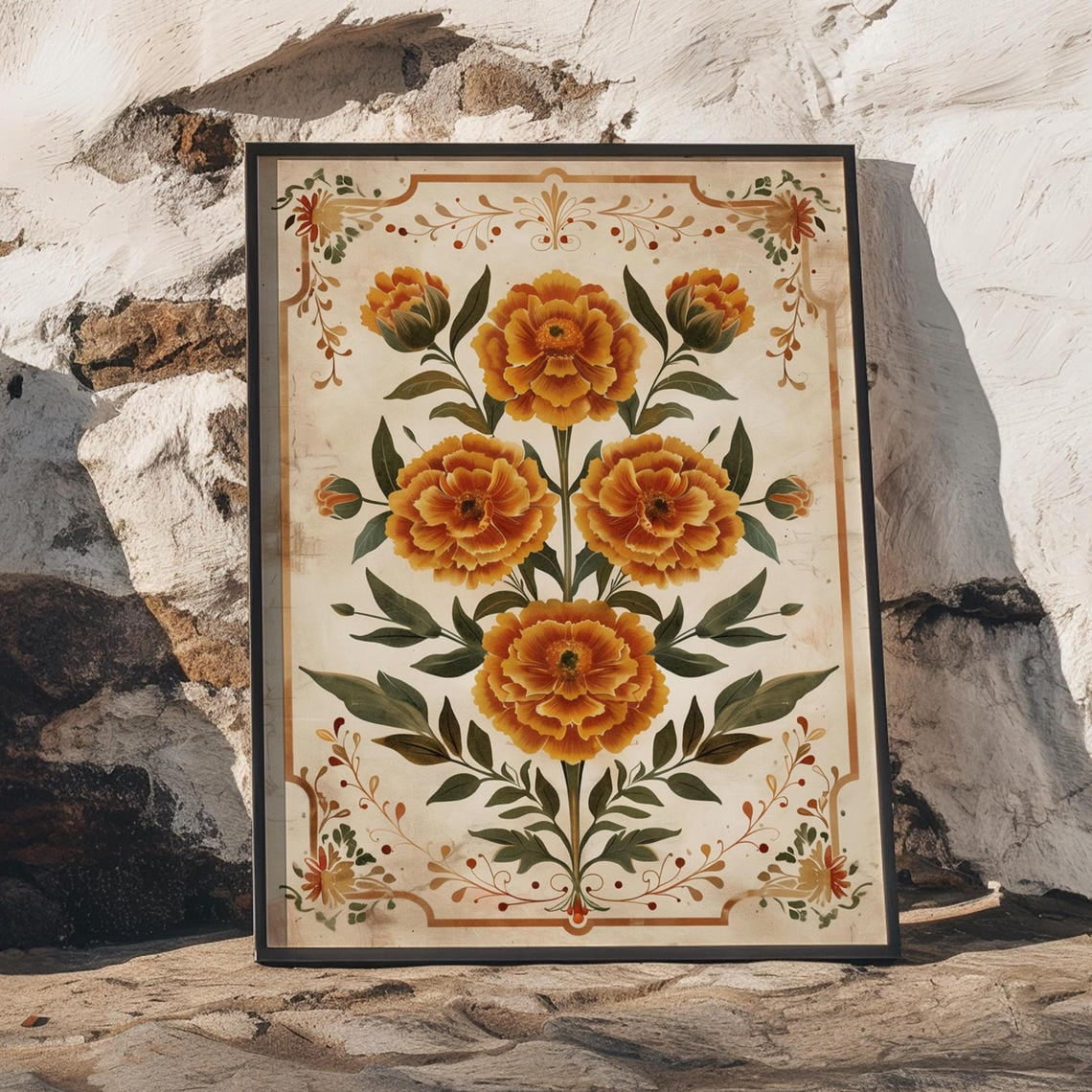 Vintage Marigold Un Mexican Folk Art Rustic Orange Floral Botanical ...