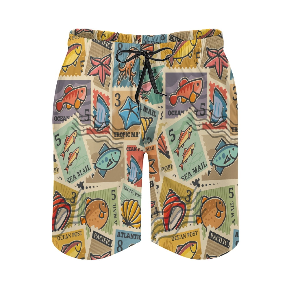 Vintage Marine Life Image Stamp Beach Shorts Mens Swim Trunks Quick Dry ...