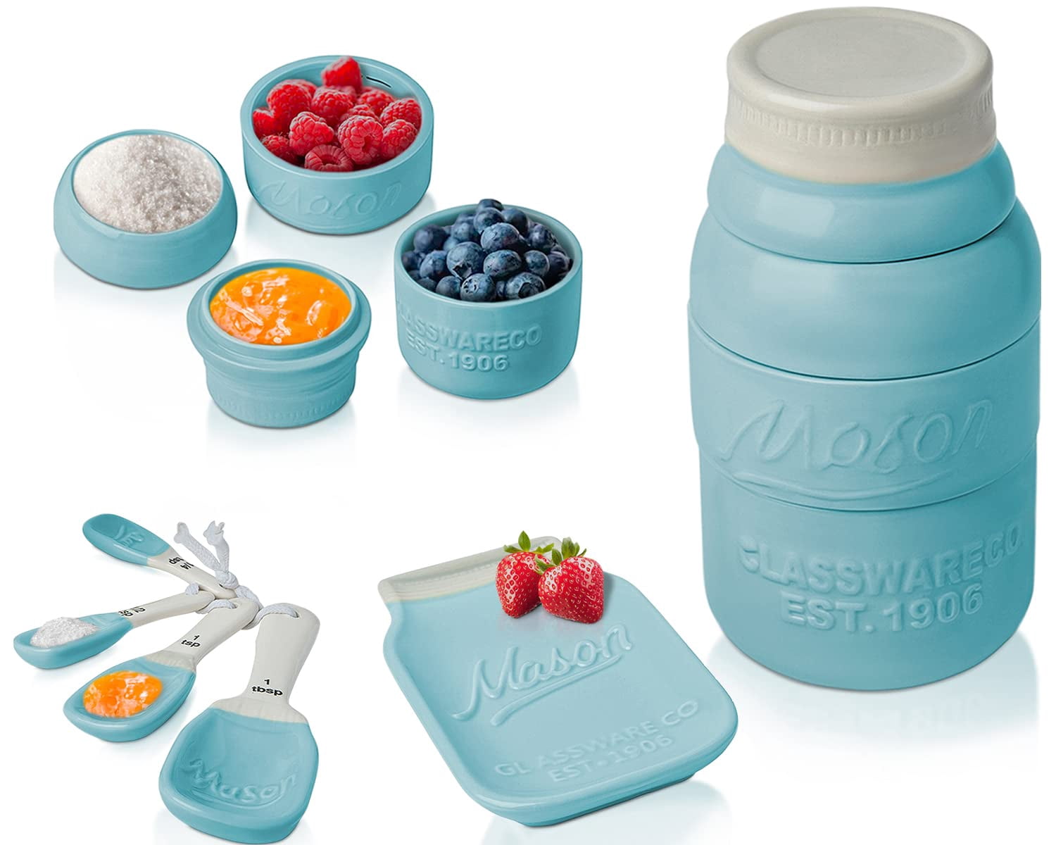 Comfify Ceramic Mason Jar Measuring Cup and Spoon Set with Spoon Rest ...