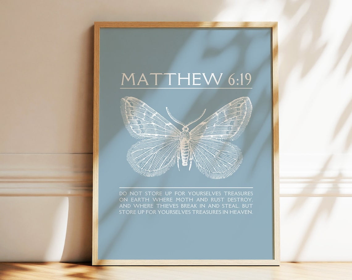 Vintage Matthew 6:19 In Coastal Blue, Christian Wall Art, Line Art ...