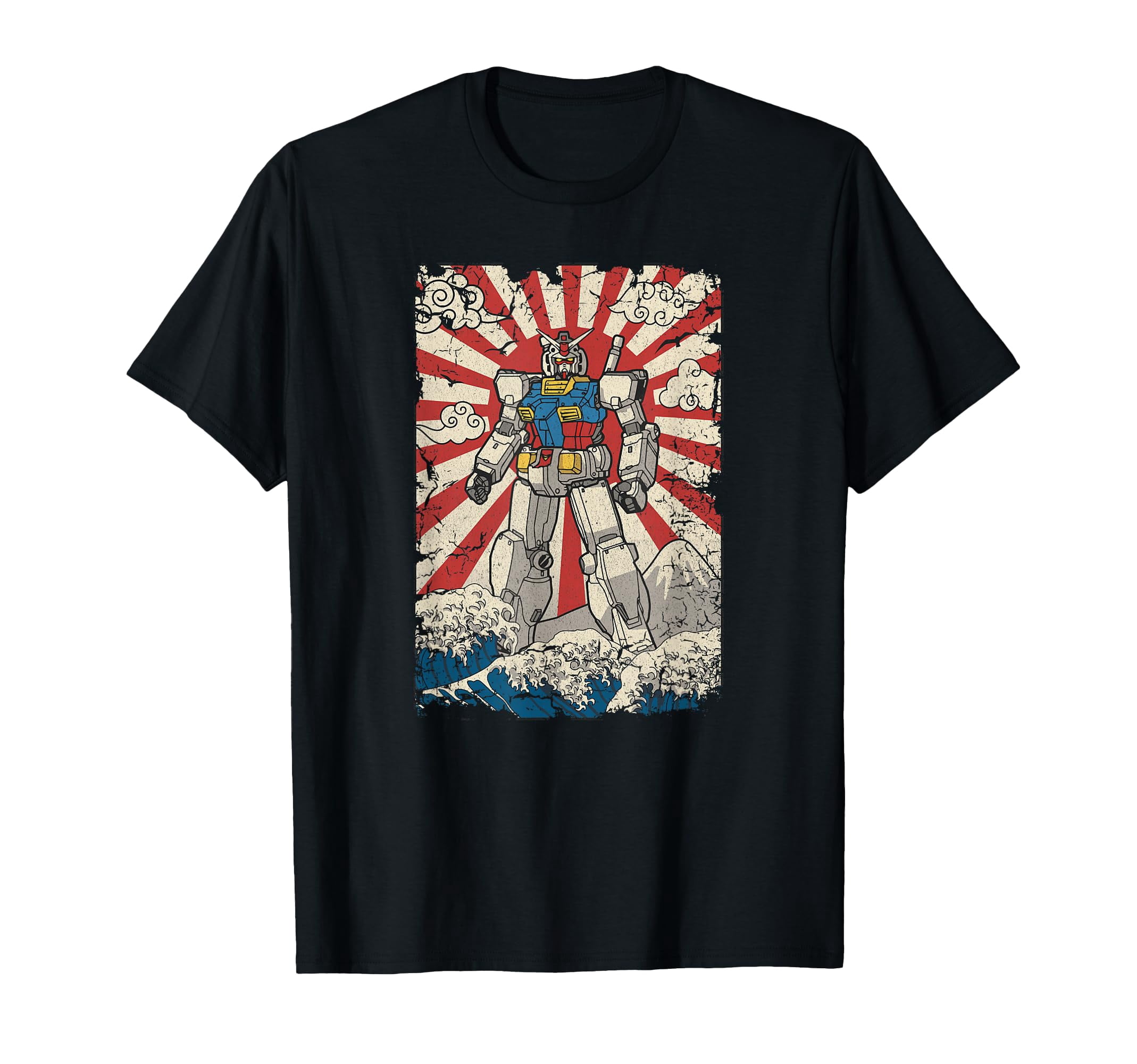 Vintage Mecha Robot & Stylized Wave Graphic T-Shirt with Sun Design for ...