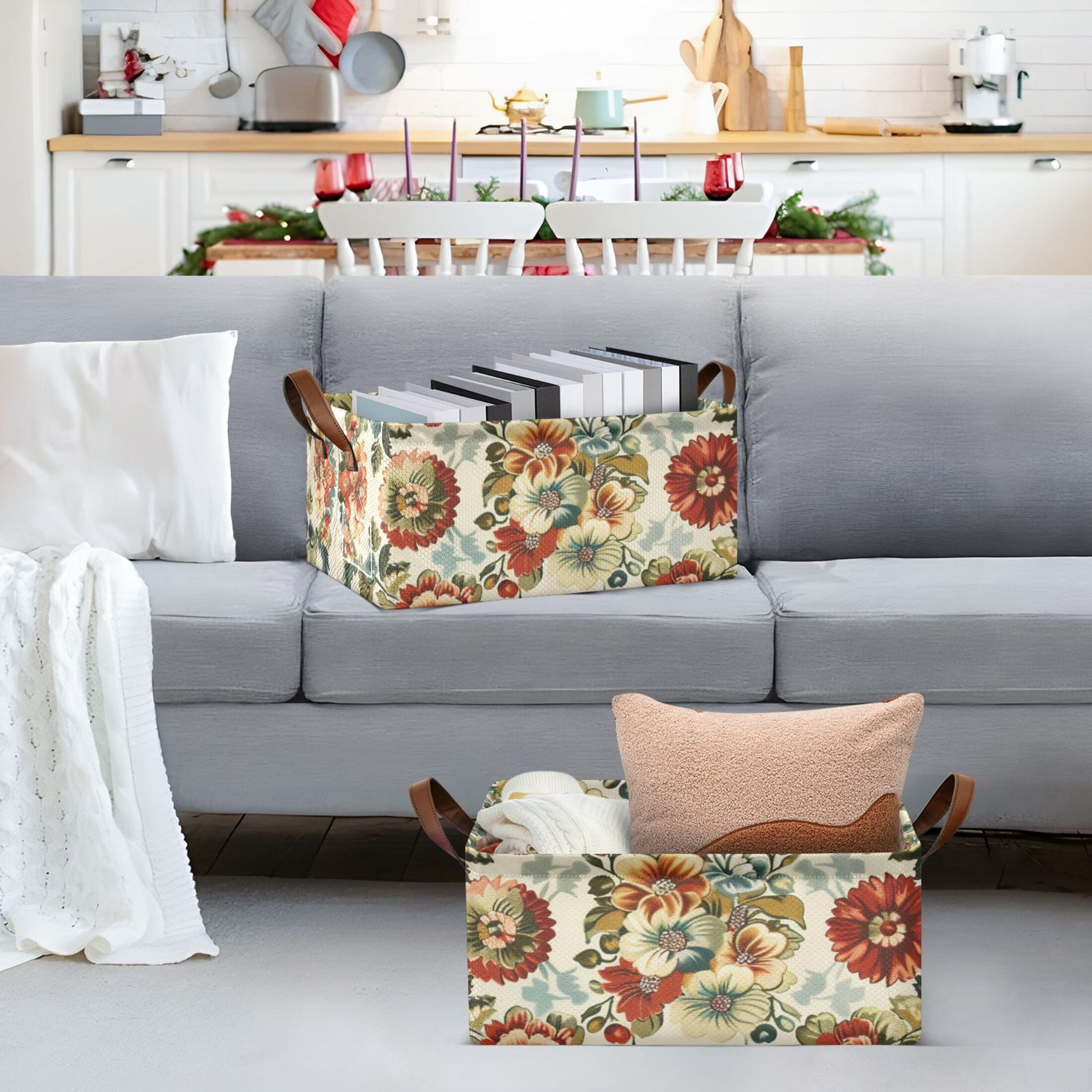 Vintage Medallion Floral Flowers Storage Bins with Handles Foldable ...