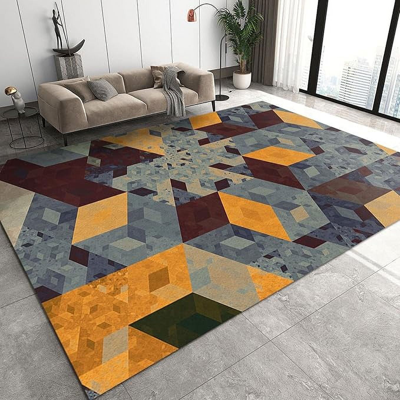 Vintage Medieval Brown Orange Area Rug, Geometric Design Living Room ...