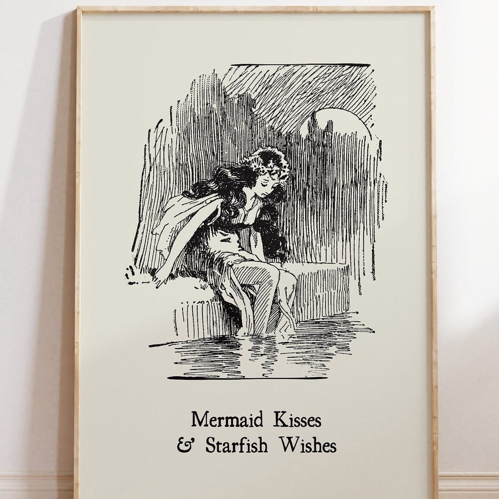 Vintage Mermaid Poster Beach House Decor Summer Wall Art Starfish Print ...