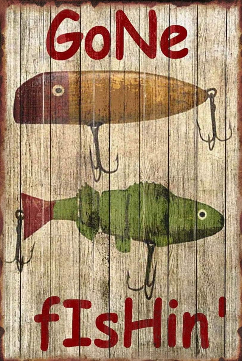 Vintage Metal Bathroom Signs Gone Fishing Fishing Boat Rustic Fish ...