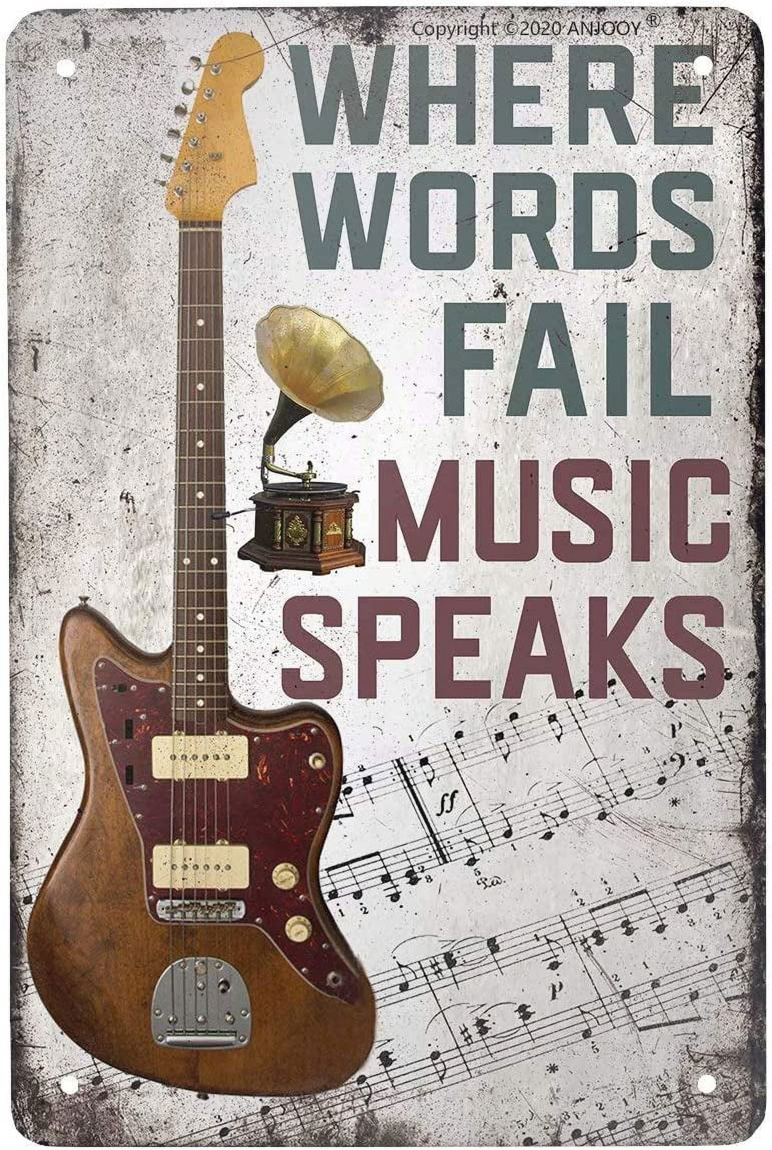 Vintage Metal Guitar Tin Sign - Where Words Fail Music Speaks -Musical ...