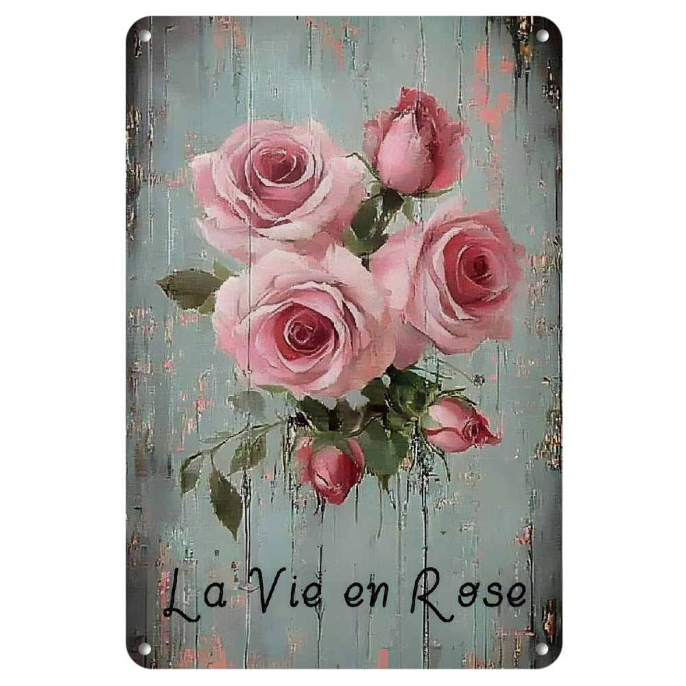 Vintage Metal Sign - "La Vie en Rose", Shabby Chic Pink Roses Wall Art ...