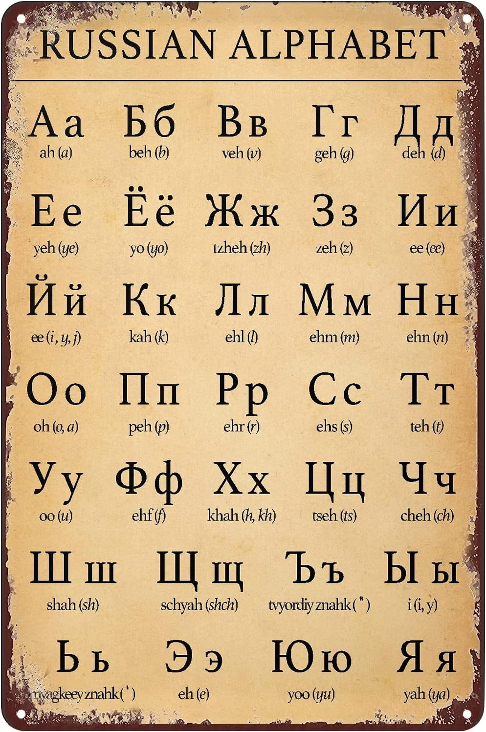 Vintage Metal Signs Russian Alphabet Chart Poster Cyrillic Language ...