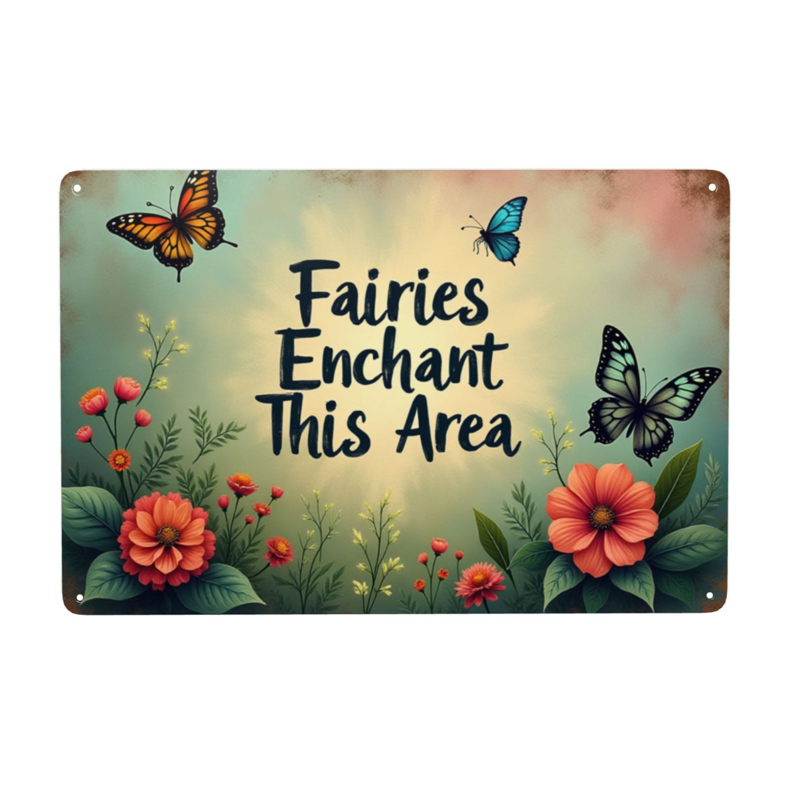 Vintage Metal Tin Sign Fairies Enchant This Area Floral Butterfly Wall ...