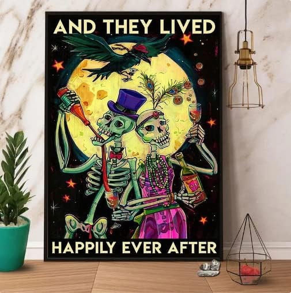 Vintage Metal Tin Sign Halloween Skeleton Couple Wine They Lived ...