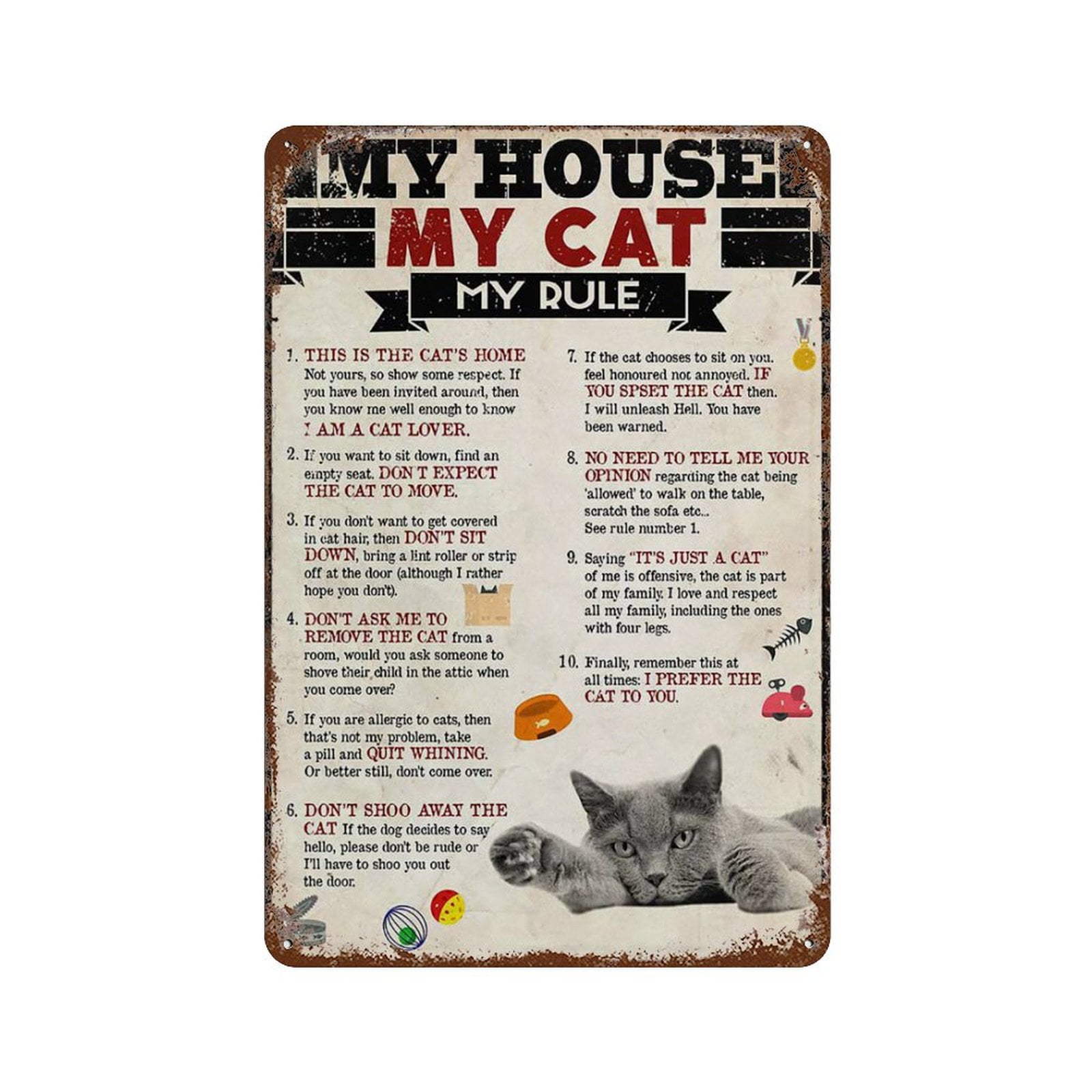 Vintage Metal Tin Sign My House My Cat My Rules Tin Signs For Home ...