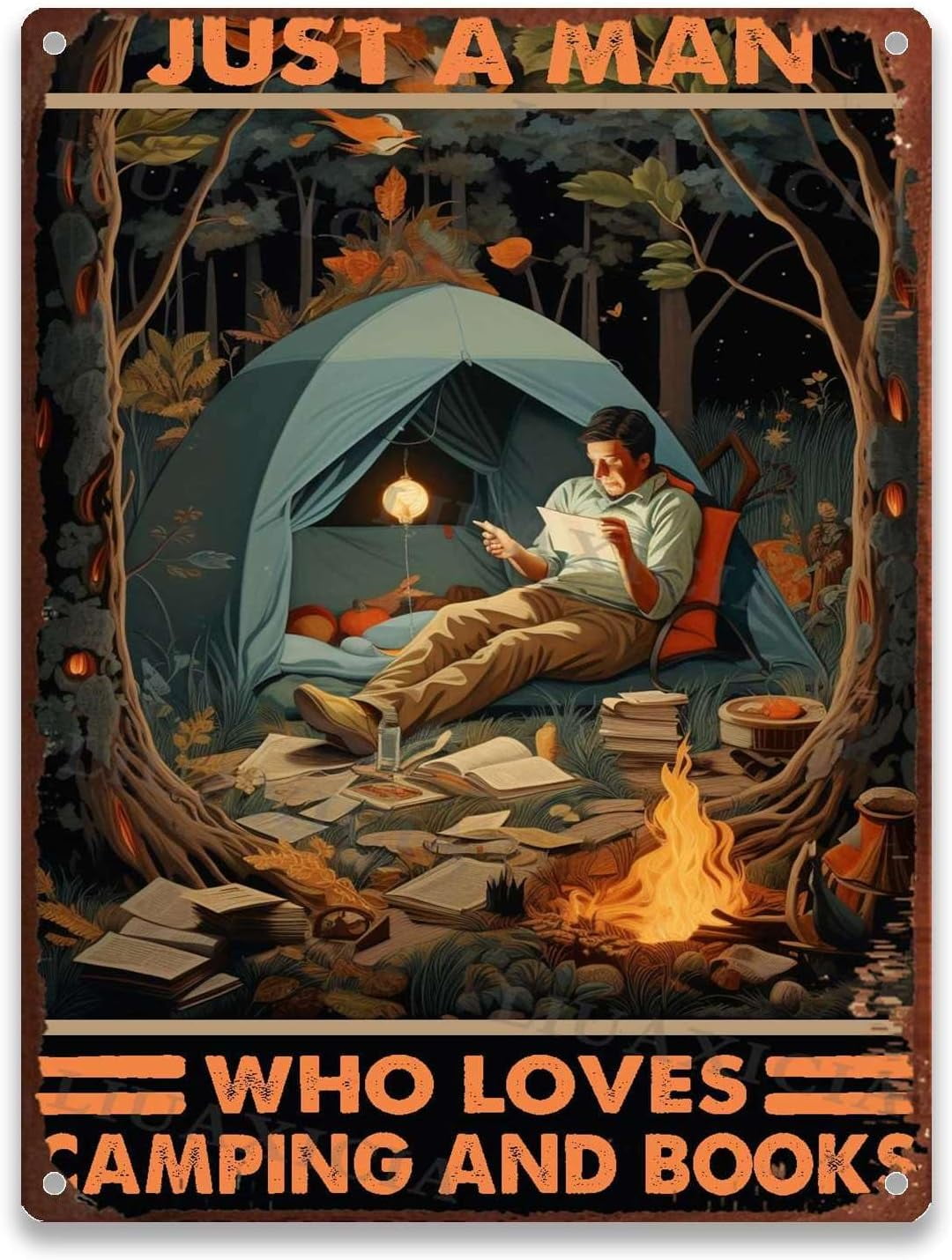 Vintage Metal Tin Signs Just A Man Who Loves Camping And Books For Home ...