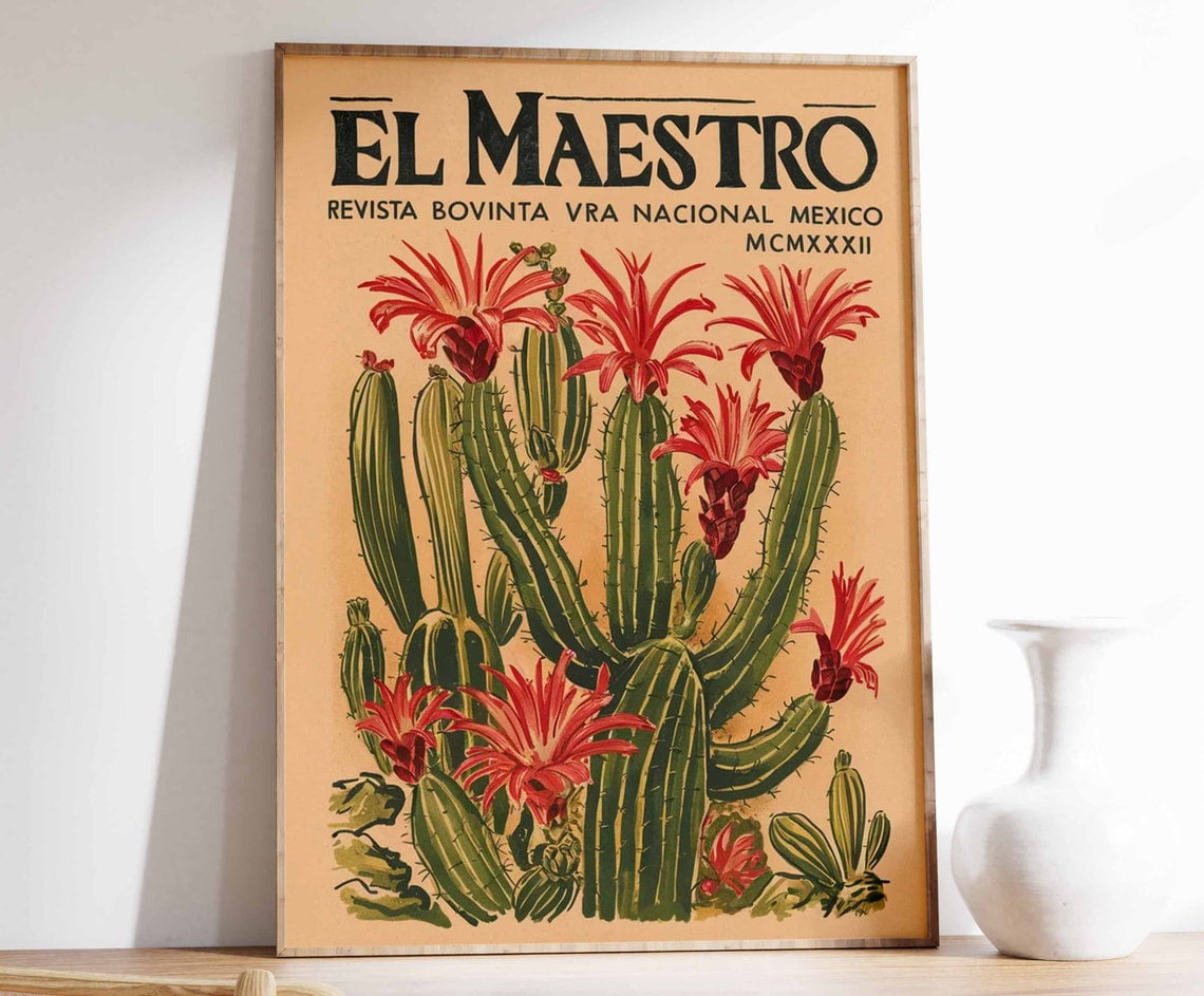 Vintage Mexican Cactus Poster, Colourful Mexican Art Mexican Decor ...