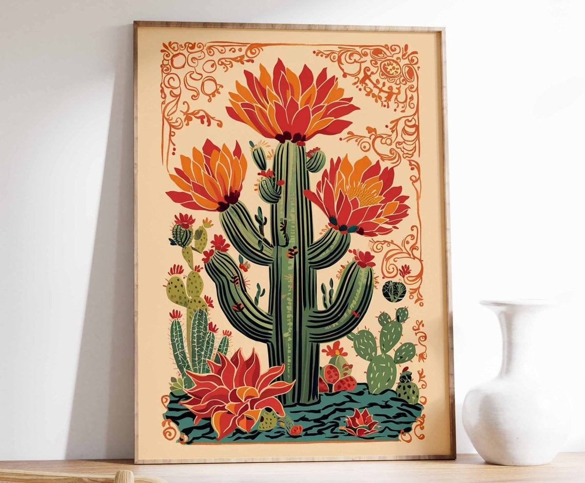 Vintage Mexican Cactus Poster, Colourful Mexican Art Mexican Decor ...