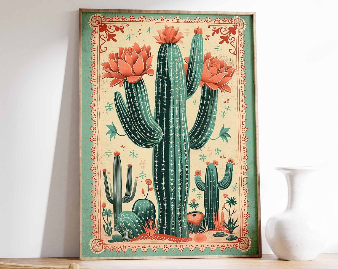 Vintage Mexican Cactus Poster, Colourful Mexican Art Print, Traditional ...