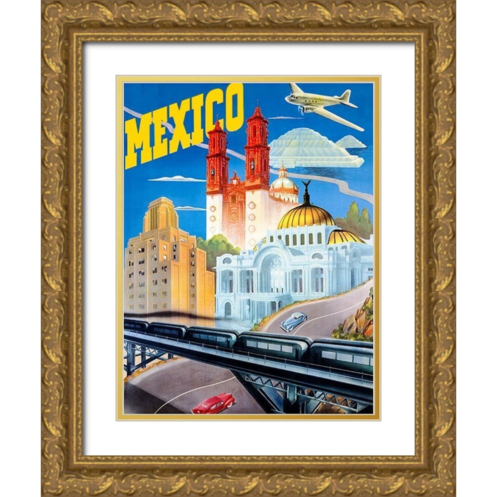 Vintage Mexico Travel Poster 25x32 Gold Ornate Wood Framed with Double ...