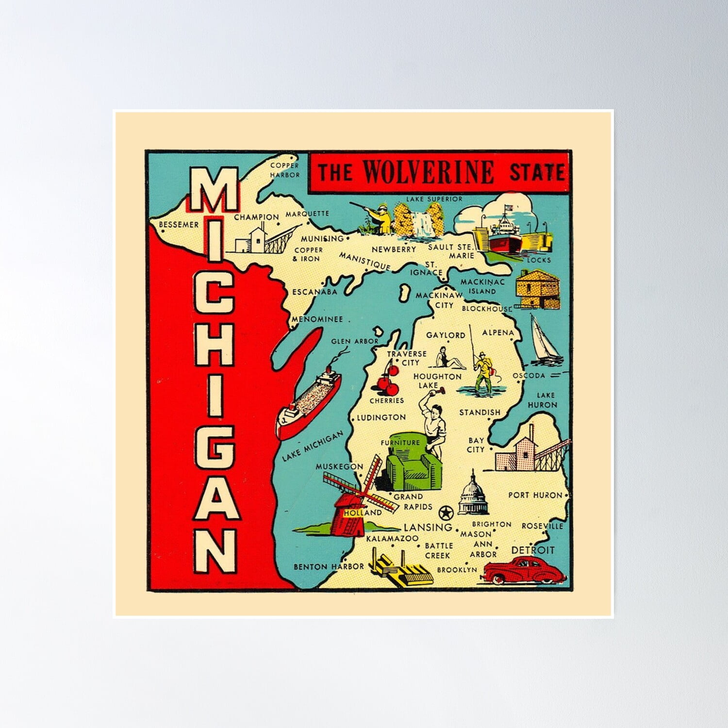 Vintage Michigan Map Poster Wall Art, Modern Wall Decor, 12x18 UNFRAMED ...