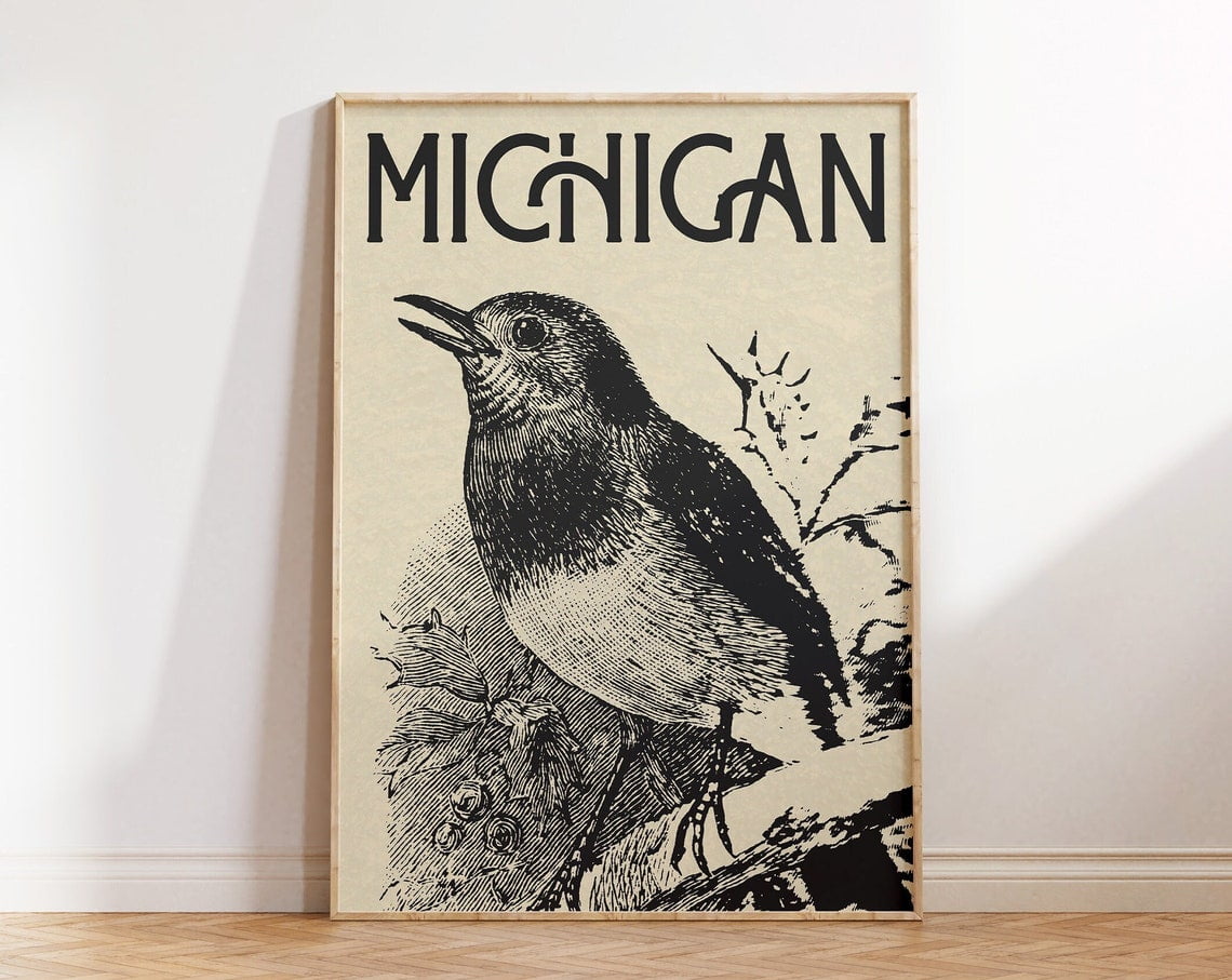 Vintage Michigan Print American Robin Poster Michigan Decor Michigan ...