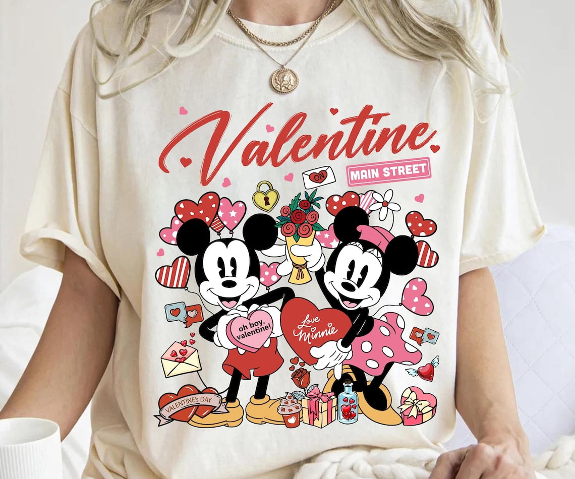 Vintage Mickey Minnie Love Hearts Disney Valentine On Main Street Shirt ...