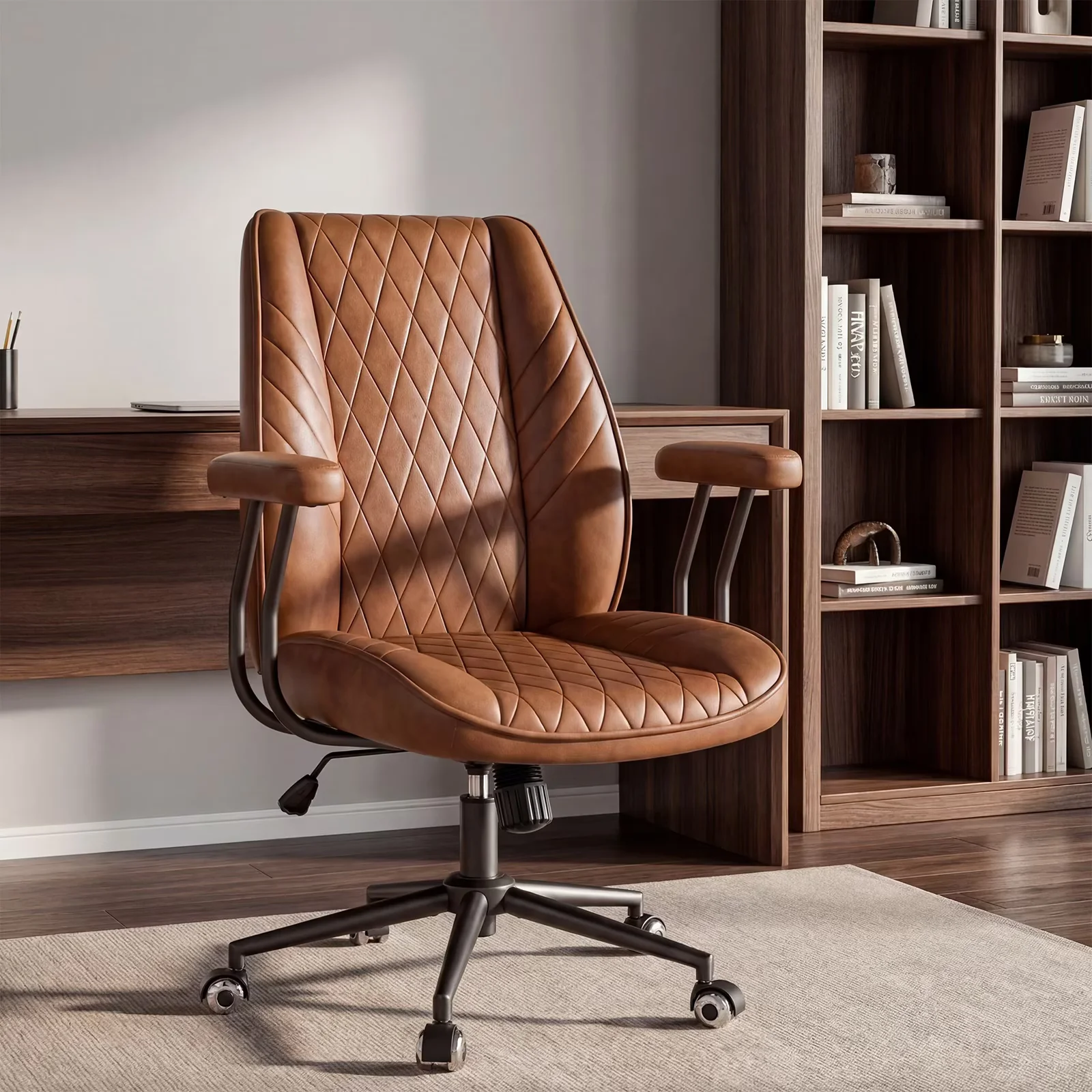 Vintage Mid-Century Home Office Chair, Quiet Rubber Wheels & Lumbar ...