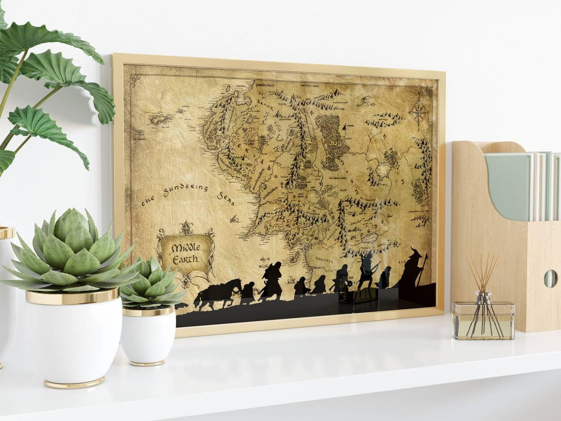 Vintage Middle Earth Map Digital Poster, Lord Of The Rings Fellowship ...