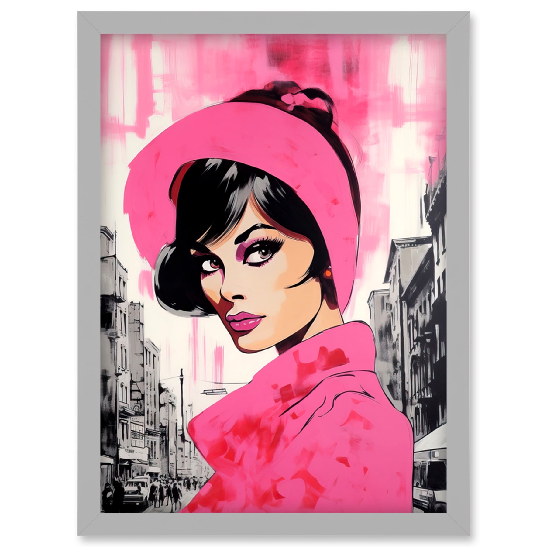 Vintage Model in Downtown Street Retro Pink Artwork Framed Wall Art ...