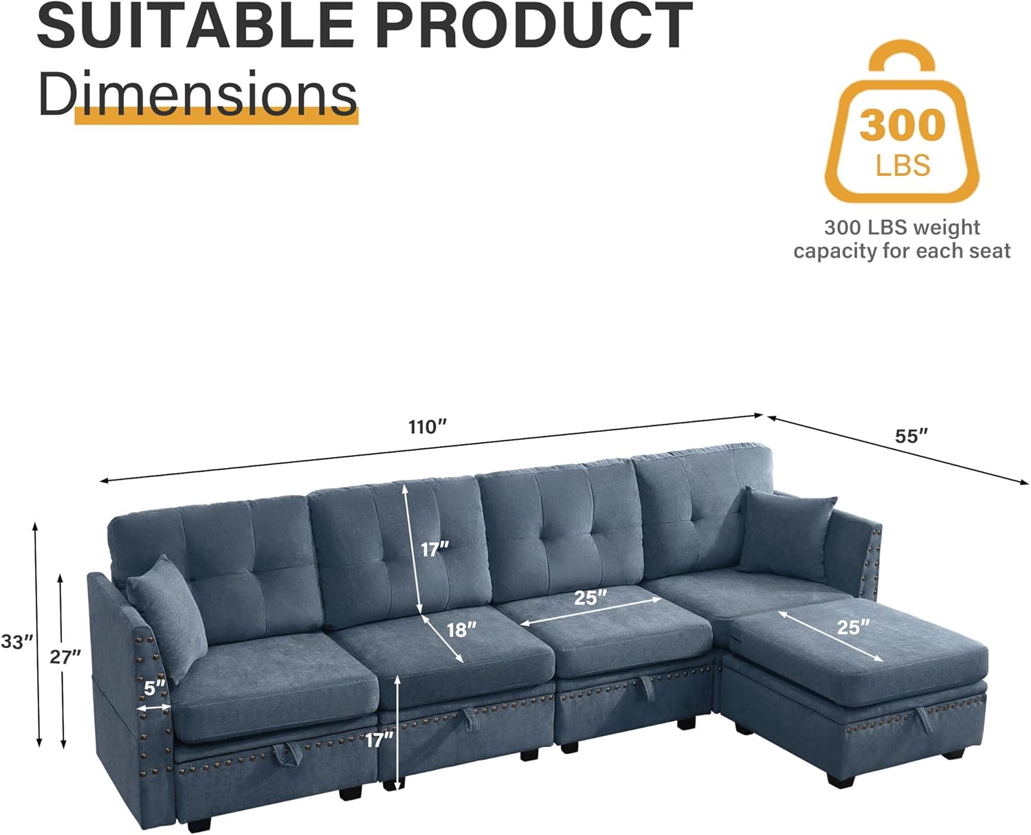 Vintage Modular Sectional Sofa with Storage, Convertible L Shaped Sofa ...