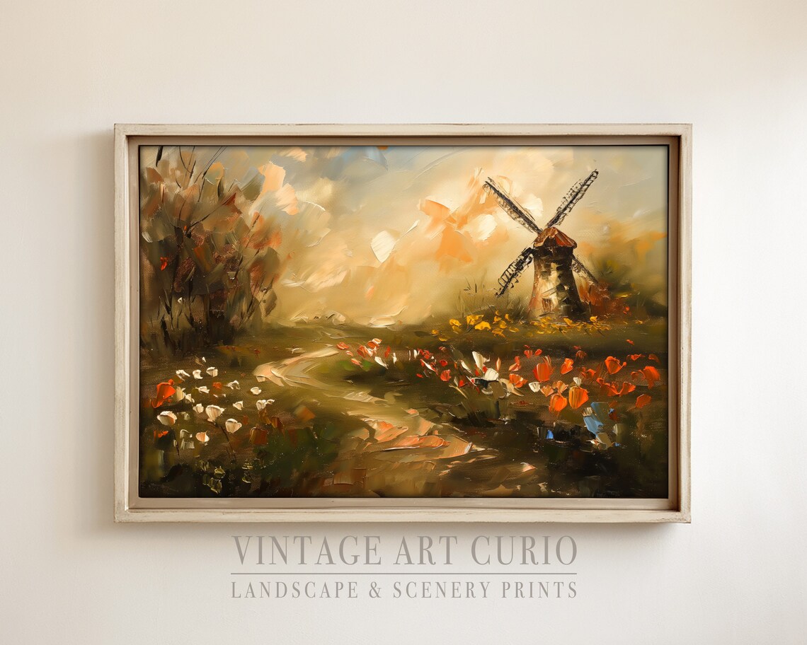 Vintage Moody Spring Wildflower Landscape, Windmill Cottagecore Wall ...
