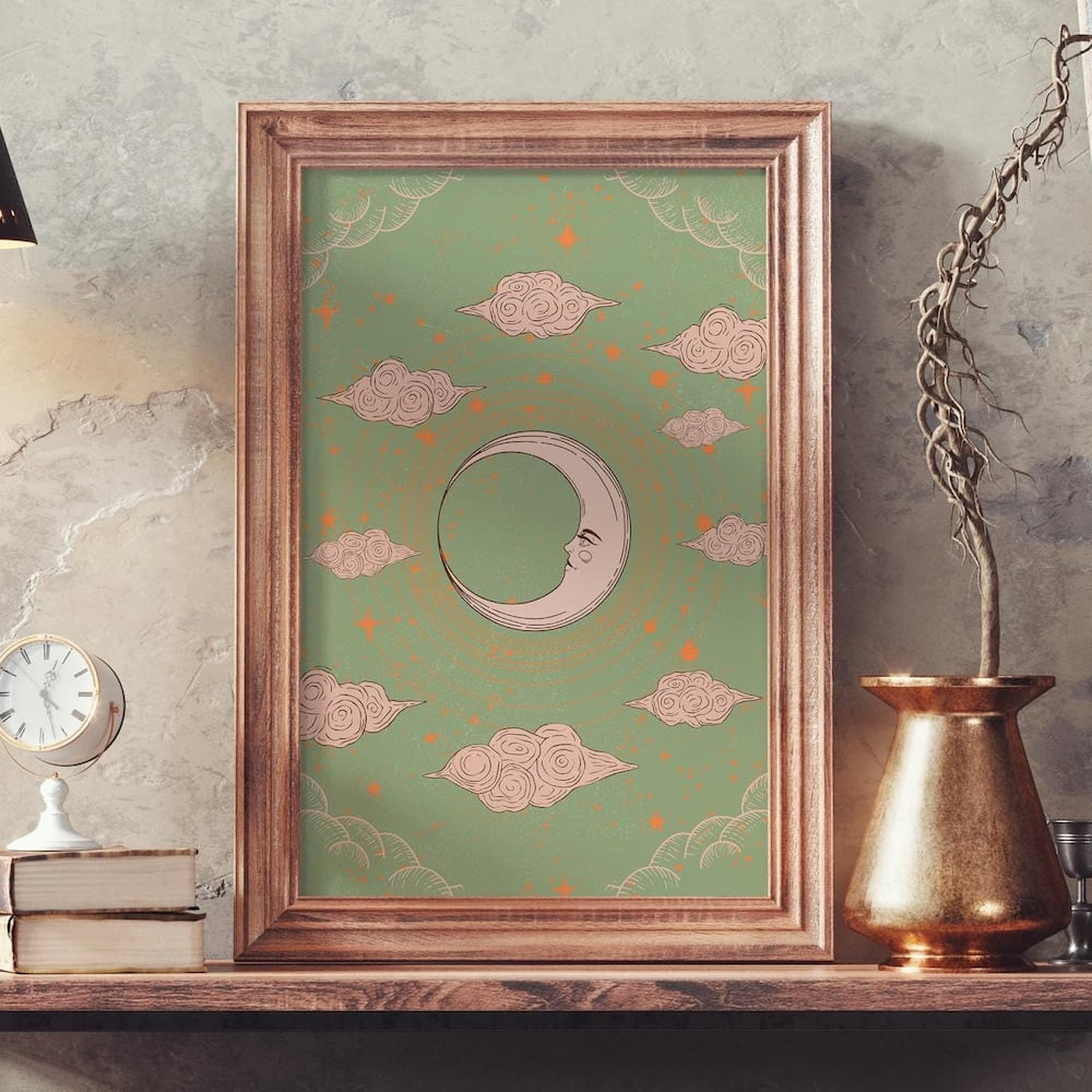 Vintage Moon Poster, 70S Moon Wall Art, Retro Aesthetic Decor, Antique Moon Face Artwork, Witchy ...