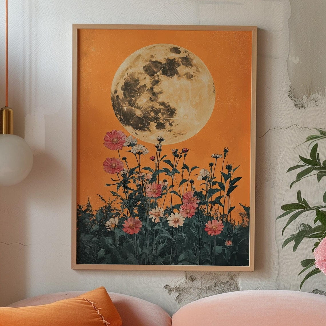 Vintage Moon Poster, Retro 70S Decor, Moon And Flowers Celestial Wall ...